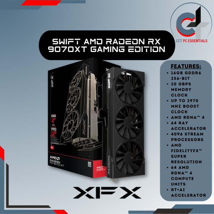XFX Swift AMD Radeon RX 9070XT Triple Fan Gaming Edition Graphics Card ...