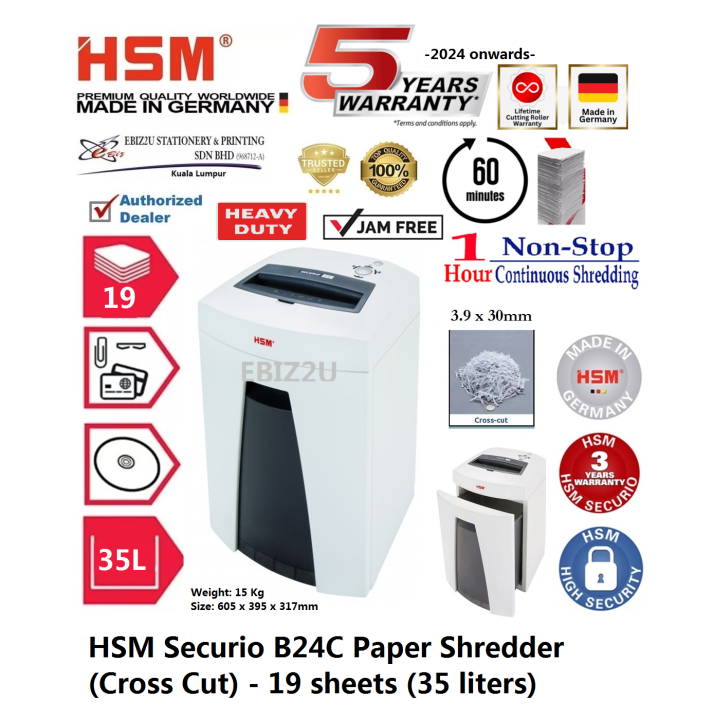 HSM Securio B24 C Paper Shredder (Cross Cut) 4.5 x 30mm - 19 sheets (35 ...