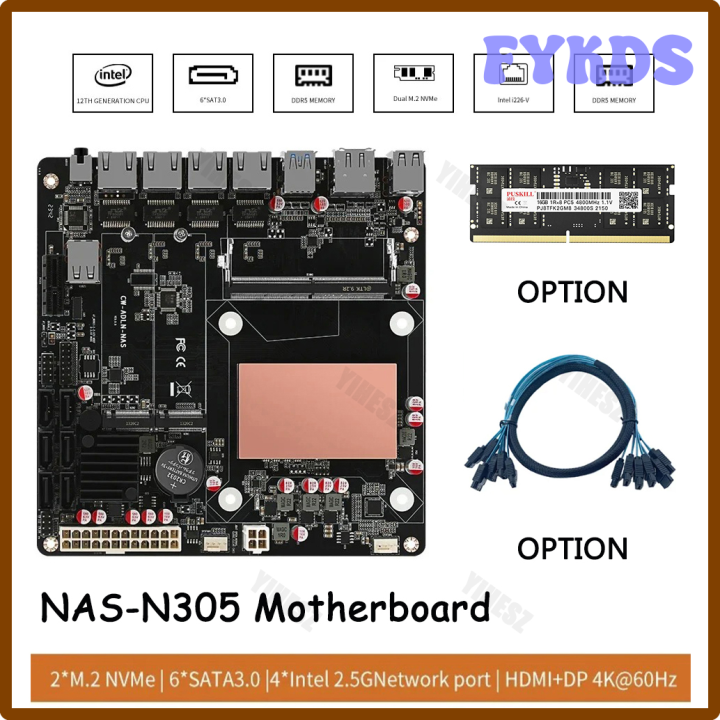 FYKDS NAS Motherboard N305 Mini ITX DDR5 8G 4800Mhz 4x2.5G Network Card 6x SATA3.0 2x M.2 NVMe ...