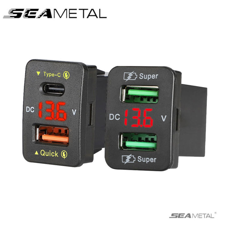 SEAMETAL LED Voltage Display Car Phone Charger QC3.0+Type-C Dual USB ...