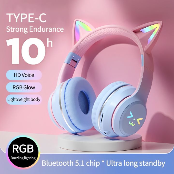 Headphone RGB Headset Hadiah Anak Perempuan Kucing Lucu dengan Mikrofon ...