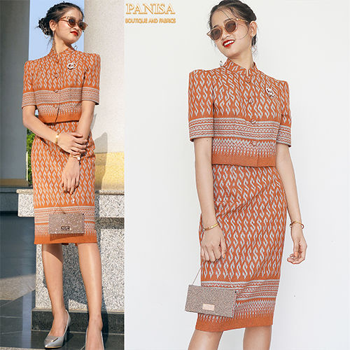 PANISA ชุดทำงานผ้าไทยสีส้ม จิตรลดาแขนสั้น | Lazada.co.th