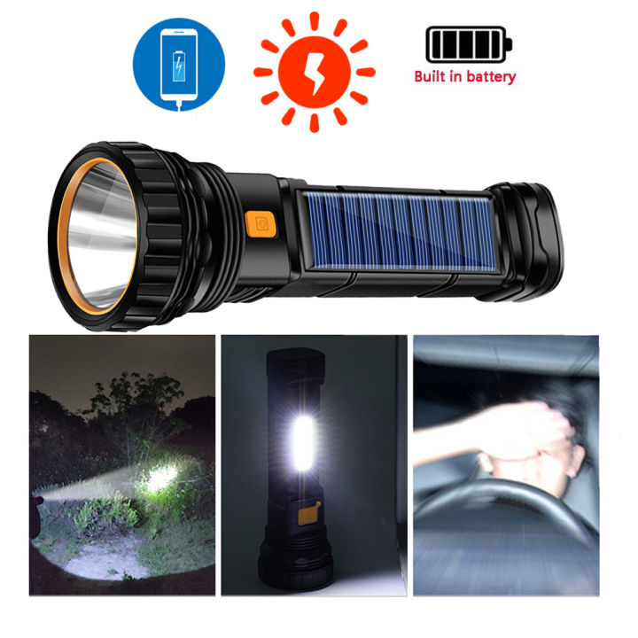 USBSolar Charging Flashlight Built-in Battery Torch with Side Lanterna ...