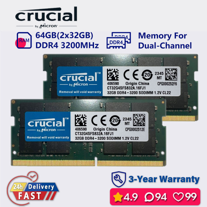 CRUCIAL 16gb 32gb 64gb 3200mhz ddr4 Dual channel memory ram laptop sodimm pc4 25600s | Lazada