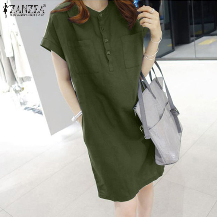 Zanzea Korean Style Women Plain Short Sleeve O Neck Cotton Linen Belted
