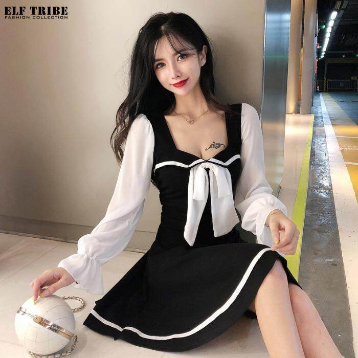 ELF TRIBE ชุดเดรสชีฟองสไตล์มหาลัยประดับด้วยแผ่นสี่เหลี่ยมชุดเดรสทรงเอ ...