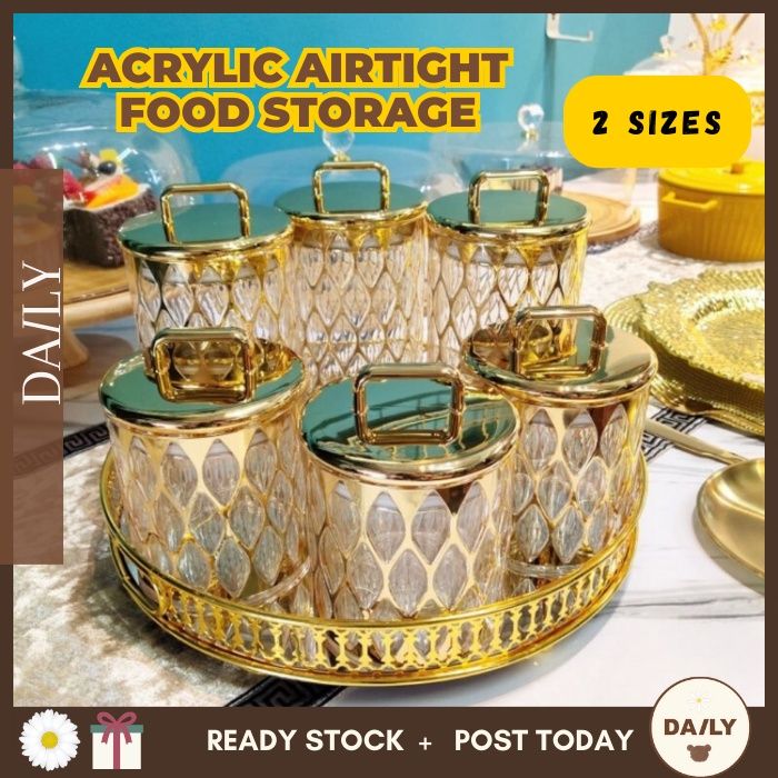 🐻DAILY🐻 Acrylic Airtight Round Canister Gold Balang Bekas Kedap Udara ...