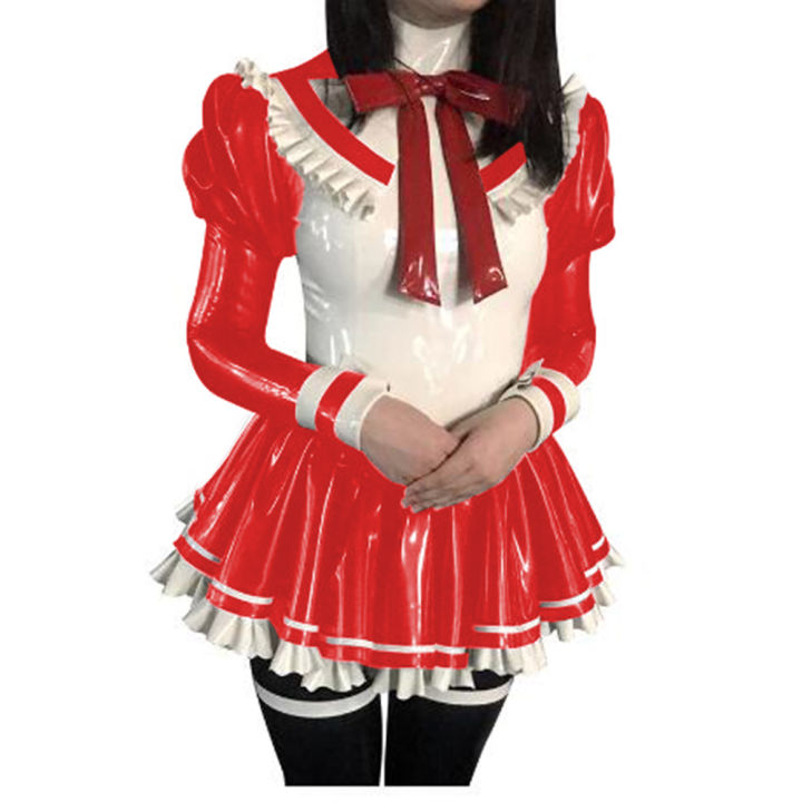 Faux Latex French Maid Long Puffs Sleeves Ruffles Bows PVC Uniform ...
