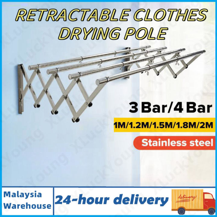 3 Bar/4 Bar 1M-2M Retractable Cloth Hanger Stainless Steel Ampaian Baju ...