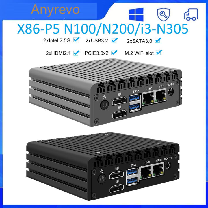X86 P5 Fanless Mini PC Firewall Router 12th Gen Intel N100 DDR5 4800MHz ...