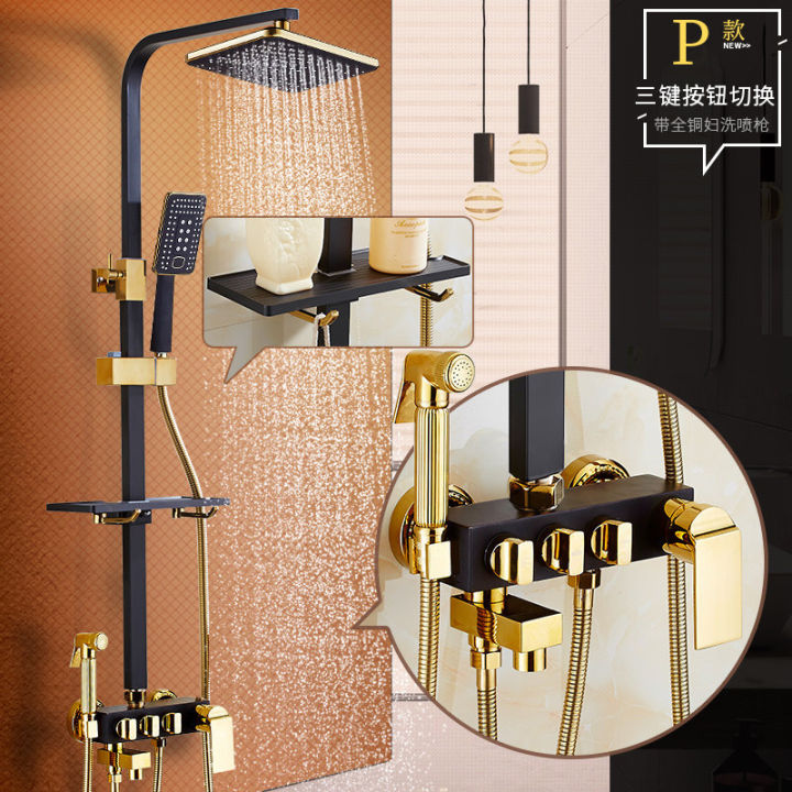 Rainfall Shower Faucet Golden Black Bathroom Shower Set With Bidet Sprayer Mixer Tap Wall Mount ...