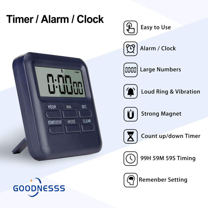 Digital Timer Alarm Clock 3 in 1, Multifunctional Kitchen Timer Magnetic Back Stopwatch Count up ...