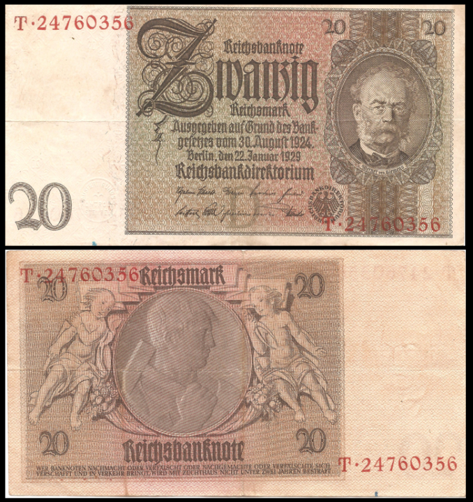 GERMANY 20 GERMAN MARKS OLD BANKNOTE 1929 DEUTSCHLAND REICHSBANKNOTE ...