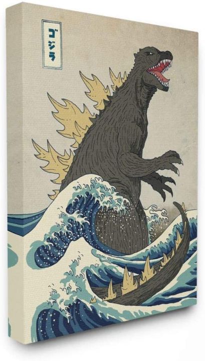 Godzilla In The Waves Eastern Poster Style Illustration Canvas Wall Art ...