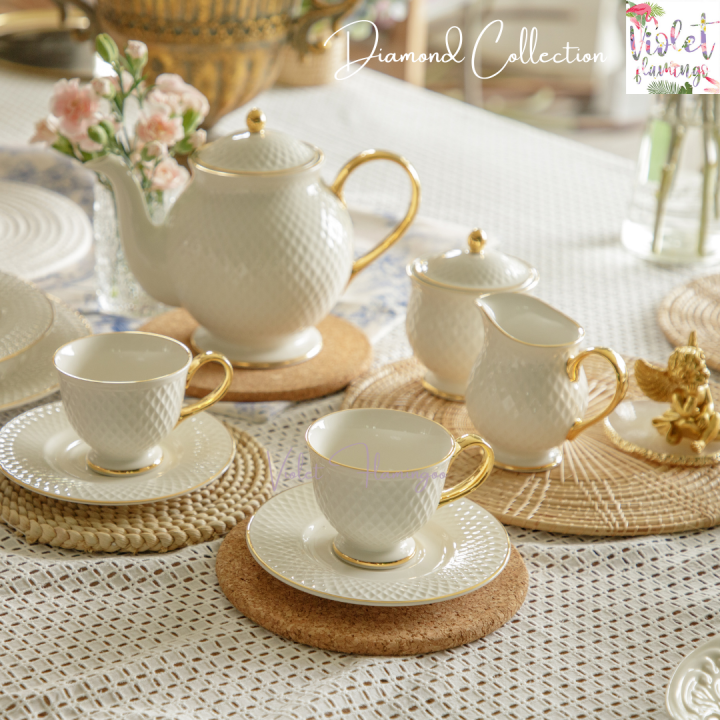 ชุดน้ำชา Diamond Tea Set ชุดน้ำชาลายเพชรสีขาว Ivory (สีขาวงาช้าง) ขอบ ...