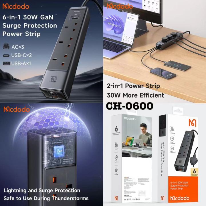 MCDODO 6-IN-1 30W GaN SURGE PROTECTION POWER STRIP SOCKET MODEL：-🌹CH ...