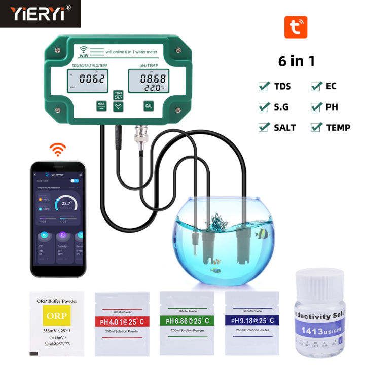 Yieryi WiFi Smart PH meter, 6-in-1 PH meter EC TDS (PPM) salt S. G ...