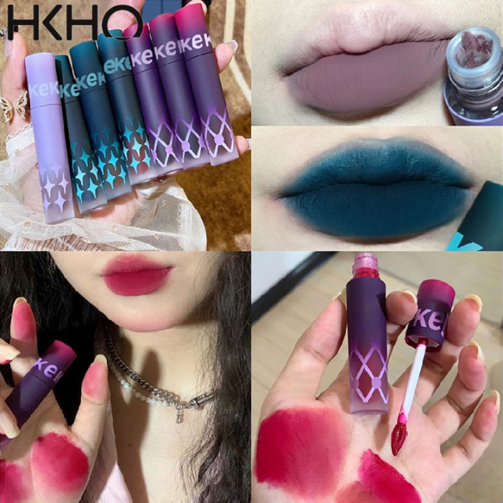 HKHO ลิปสติกสีเขียวโกธิคพังค์สีดำซาตินริมฝีปากสีน้ำตาลด้านปากแดงแต้มสี ...