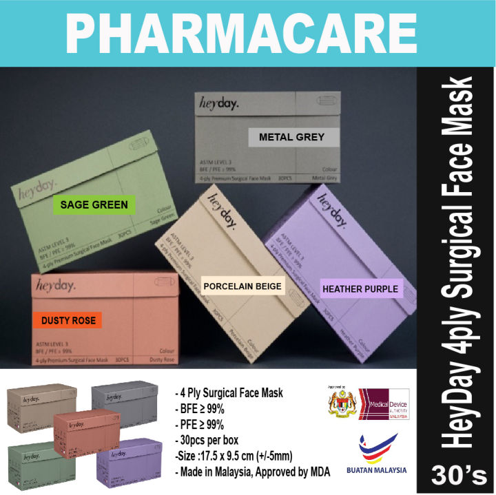 Heyday Malaysia- 4 ply Surgical Face Mask-30'S 99% BFE, 99% PFE,-MDA ...