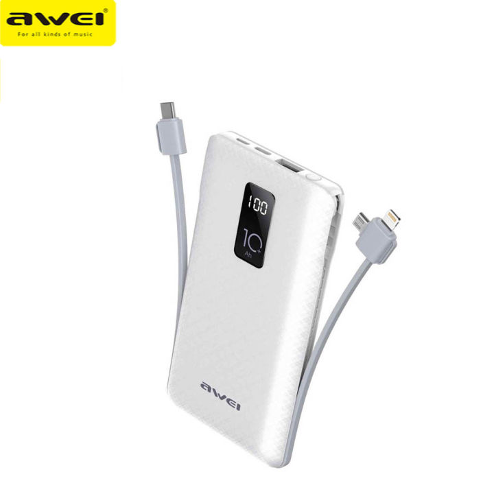 Awei P8K 10000mAh Powerbank Fast Charging with Built-in Cable Type-C ...