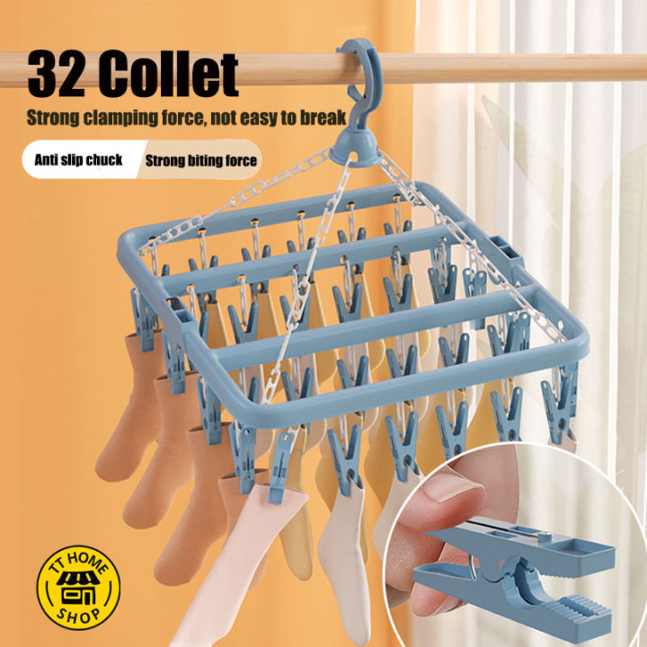 32 Clips Folding Hanger Portable Socks Hanger 2-Way No-Slant Foldable ...