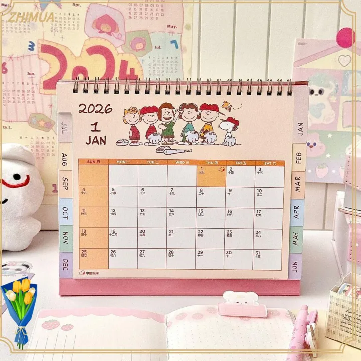ZHIMUA With Memo Notes 2026 Snoopy Desk Calendar Coil Binding Flip ...