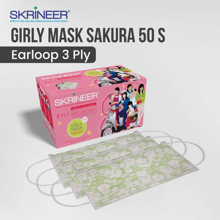 Skrineer Girly Mask 3 lapis Earloop Motif Sakura isi 50 | Lazada Indonesia