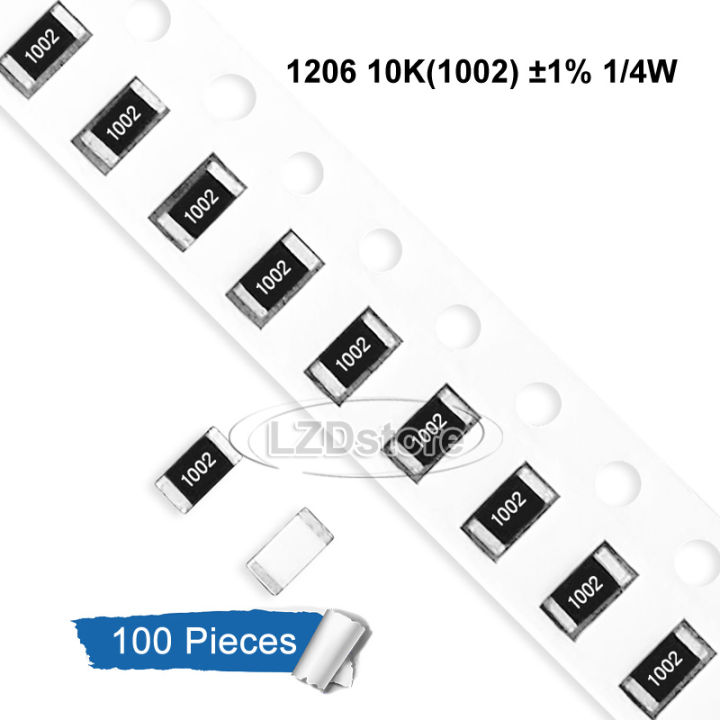100Pcs 1206 1002ตัวต้านทาน SMD 1% 10K Ohm 10KR ตัวต้านทานชิป0.25W 1/4W ...