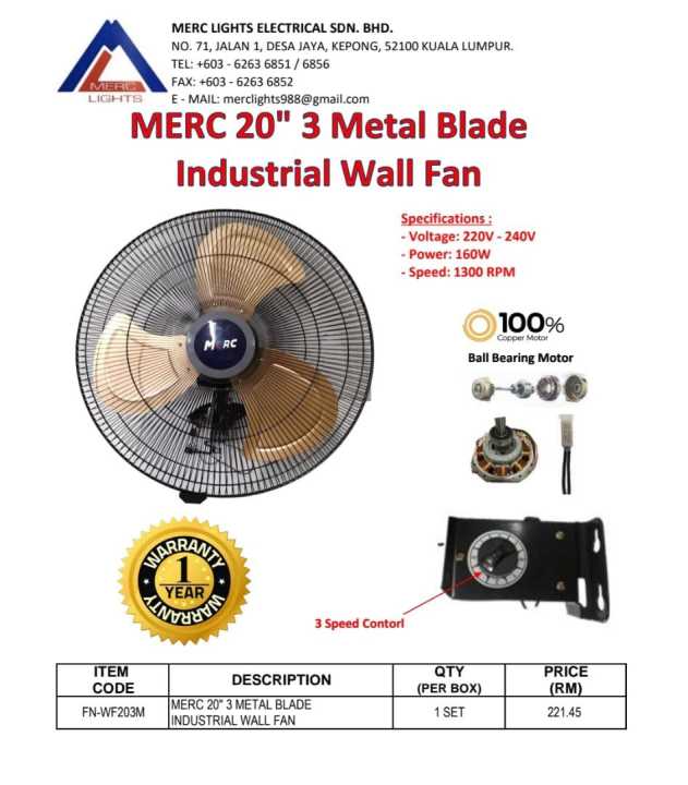 MERC WALL FAN 20'' (3BLADE 3SPEED BESI) MERC-WF203M | Lazada