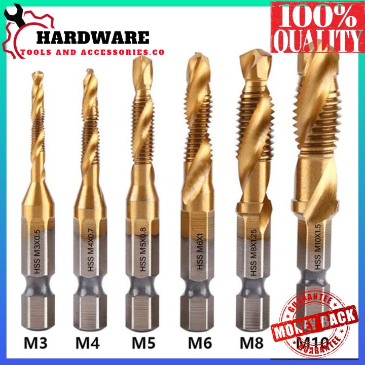 6 PCS Titanium Drill Tap Combination Bit Set Countersink Taps Drill Bits 1/4 Inch Hex Shank ...
