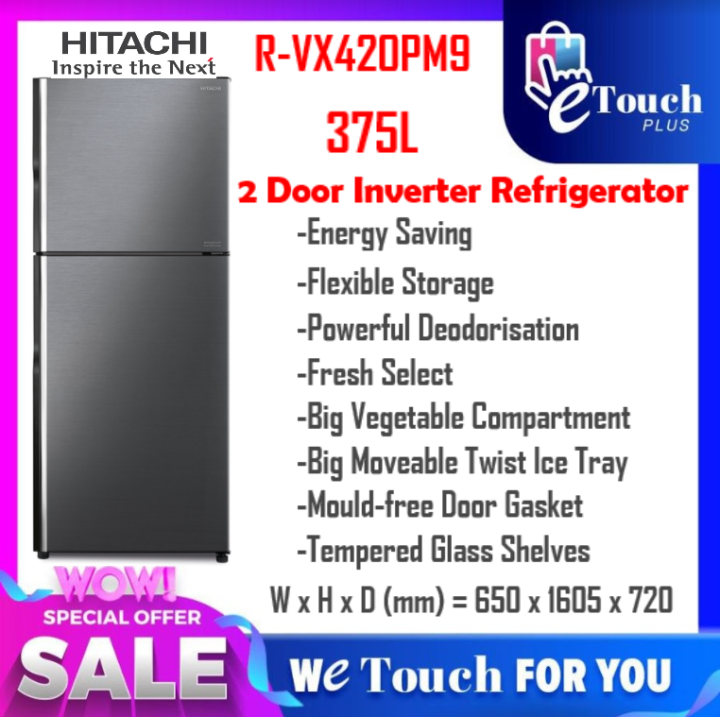 Hitachi [ R-VX420PM9(BBK) ] 375L 2 Door Inverter Top Mount Freezer With ...