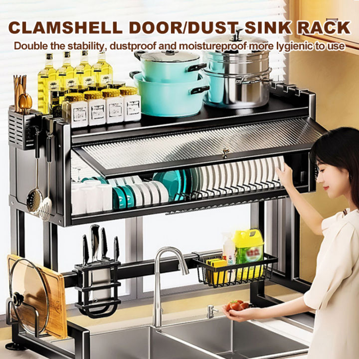 Kitchen Organizer 65-85CM Sink Dish Drainer Rack 1/2 Tier Dish Drainer ...