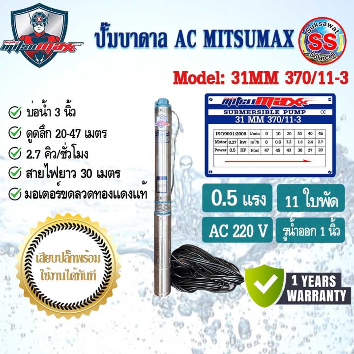 Mitsumax Submersible Pump ปั้มบาดาล AC คอยล์ทองแดงแท้ สายไฟ 30 เมตร ...
