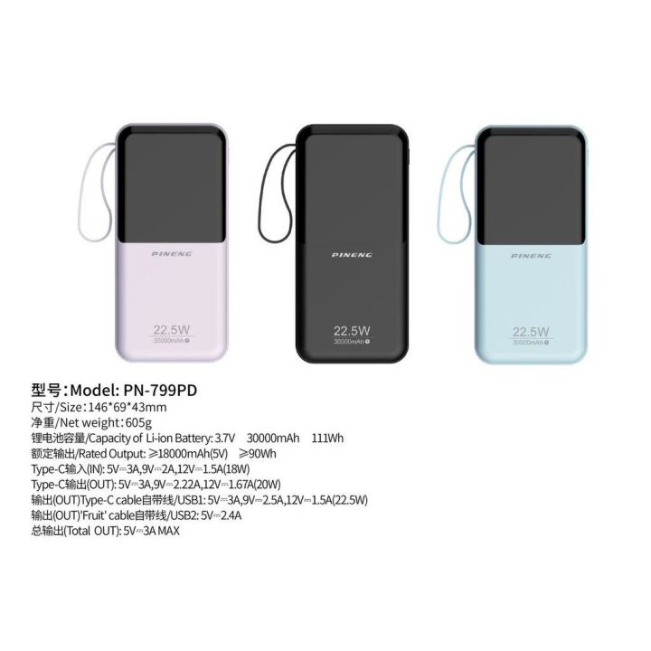 PINENG PN-799PD 30000mAh Power Bank Built-in Cable Powerbank 22.5W Fast ...