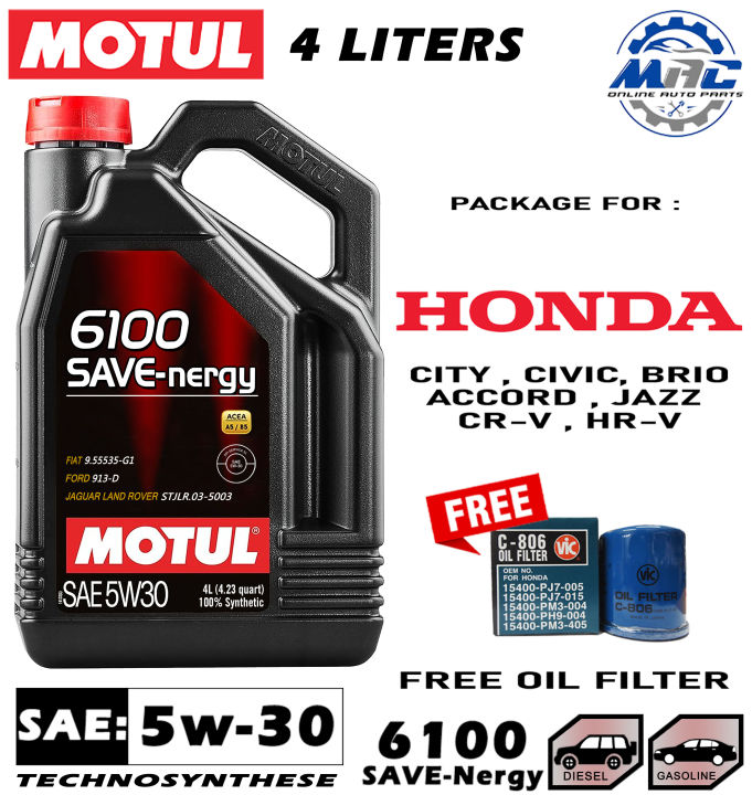 Motul 6100 Save-Nergy 5w-30 4 liters Gallon PACKAGE FOR HONDA CITY ...
