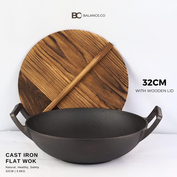 Balance.co Pre-seasoned Pure Cast Iron Flat Bottom Wok with Wooden Lid ...