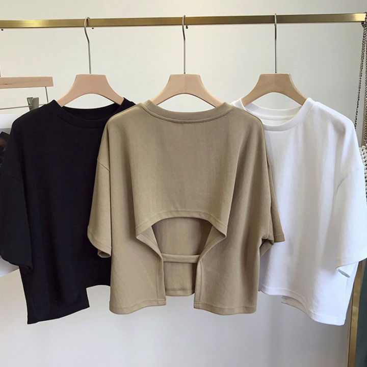 BUJIG เสื้อยืดแฟชั่นหญิง เสื้อยืดคอกลม เสื้อยืดสีพื้น เสื้อครอป เว้า ...