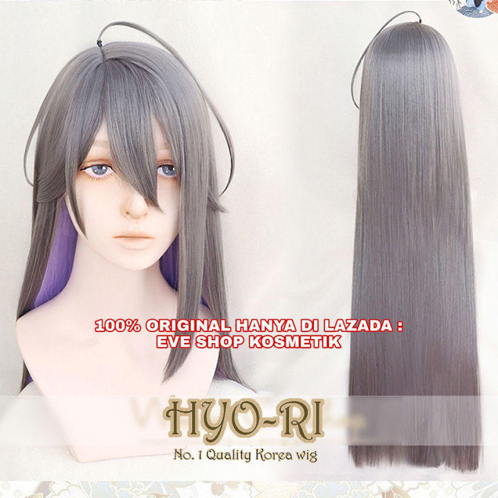 Ready Stock Rambut Palsu Wig Pria Cowo Cowok Panjang Lurus Abu Abu Grey Silver Wig Cosplay