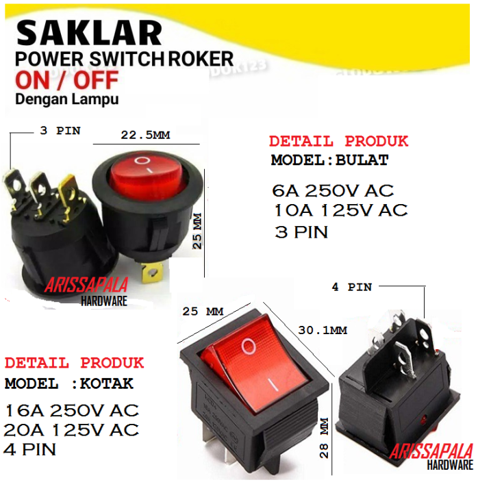 Saklar Switch ON OFF Power Roker Kotak 4 Kaki Pin Bulat 3 Pin Plus ...