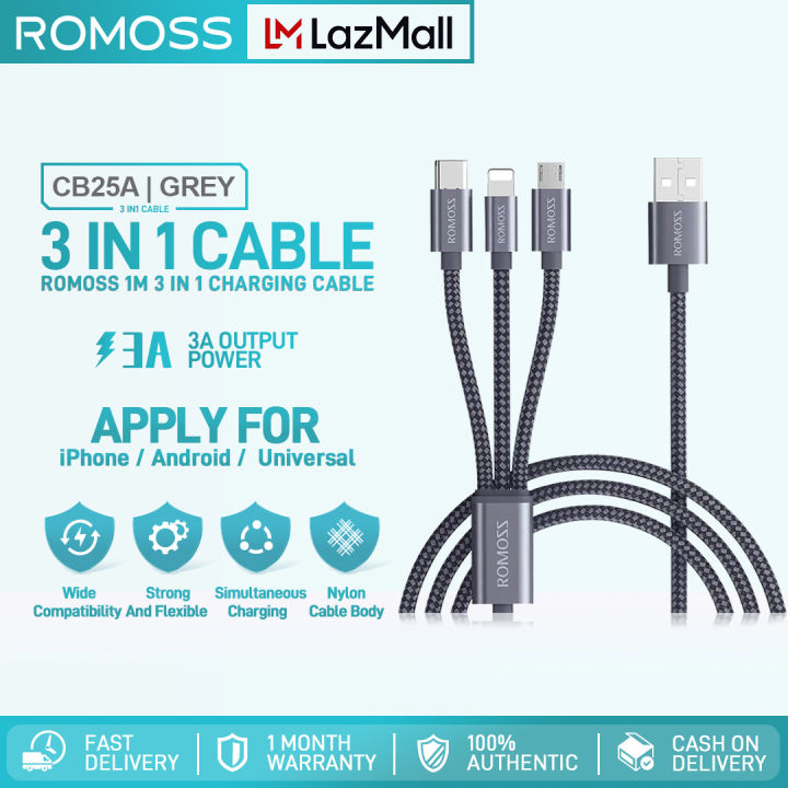 Romoss CB25 Series 3-in-1 Data Cable 3A / 3.5A Fast Charging Cord Nylon ... Romoss CB25 Series 3-in-1 Data Cable 3A / 3.5A Fast Charging Cord Nylon ...