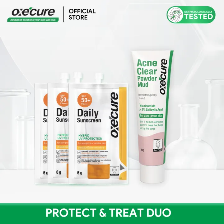 OXECURE Protect & Treat Duo (Acne Clear Powder Mud 30g, Daily Sunscreen ...