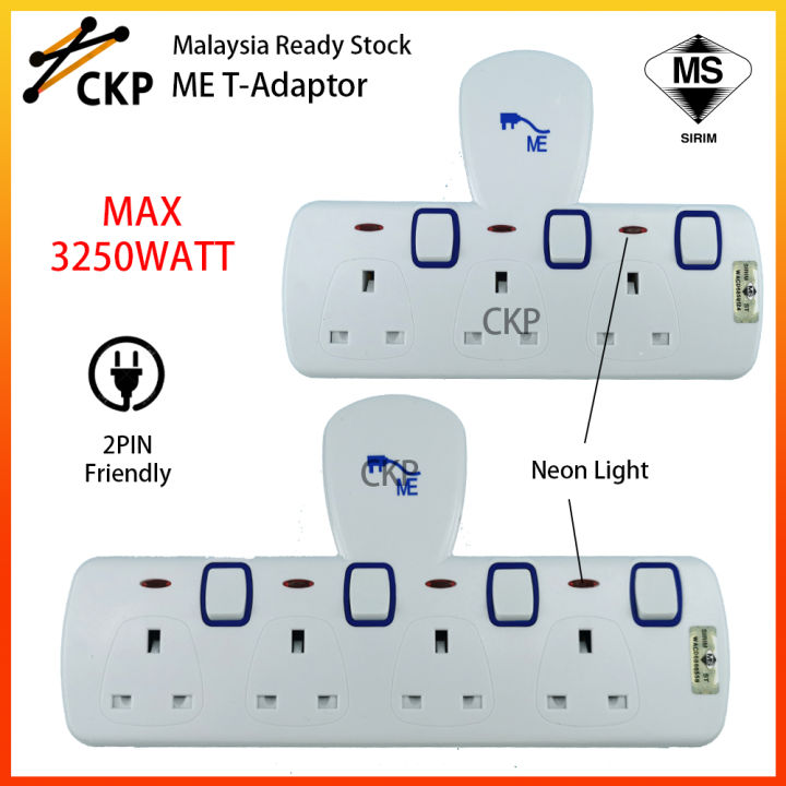 D-303N/ D-304N 3Way/ 4way/ 3 Gang/ 4Gang T-Adaport Adaport 3pin Socket Extension Plug Neon ...
