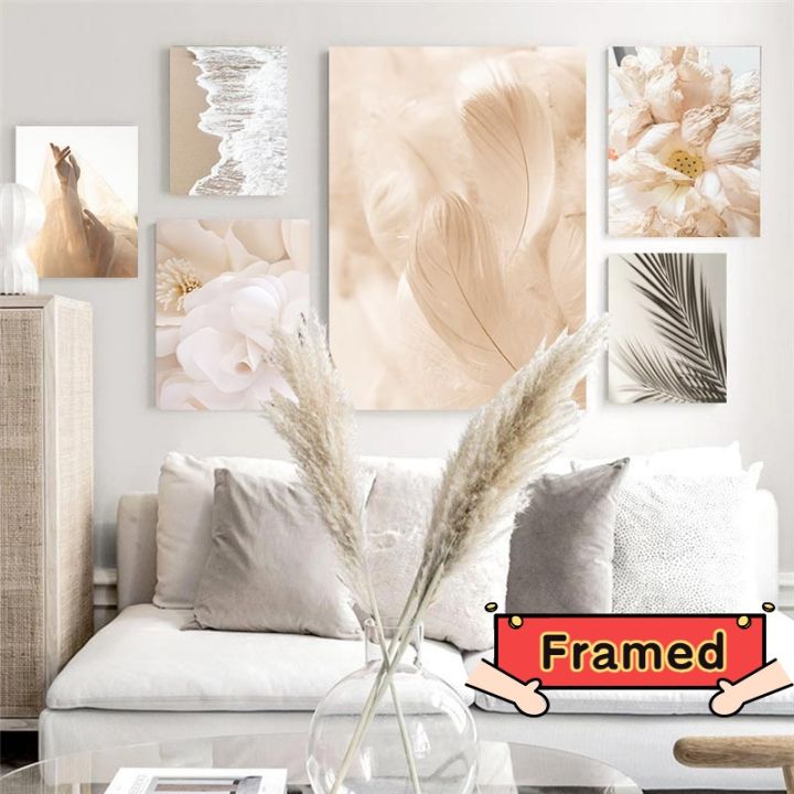 （With Frame) Beige Poster Beach Flowers Canvas Painting Beige Feather ...