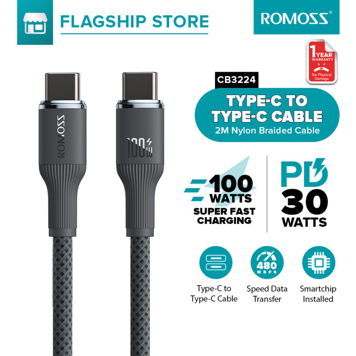 ROMOSS CB3224 100W Type C to Type C Super Fast Charging Cable Nylon Data Cable Zinc Alloy Shell ...