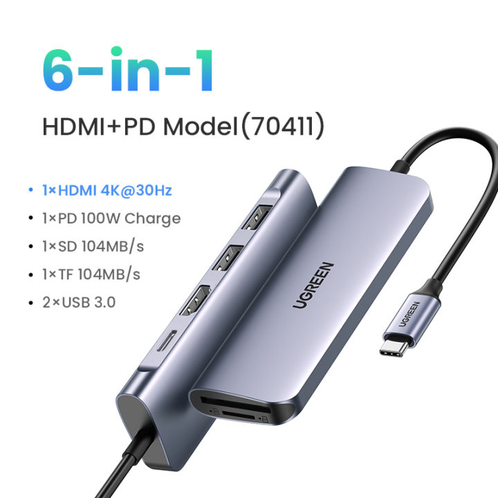 UGREEN 6-in-1 Multifunction Adapter CM511 Type-C to HDMI 4K HUB 2 USB 3.0 Ports SD / TF Card ...