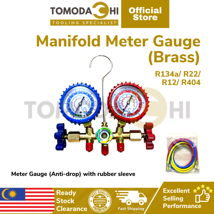 TOMODACHI Manifold Gauge R134a R32 R410a R22 R12 R404a Gas Meter 3 Pcs Hose Aircond Penyaman ...