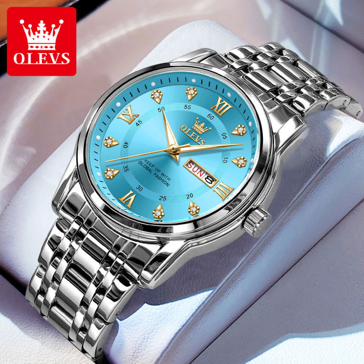OLEVS 2024 ใหม่ของแท้นาฬิกาสำหรับผู้ชายกันน้ำแฟชั่นทิฟฟานี่สีฟ้าปฏิทินควอตซ์นาฬิกาส่องสว่าง ...