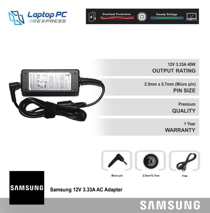 Samsung Laptop Notebook AC Charger Adapter 12V 3.33A 40W 2.5mm x 0.7mm ...