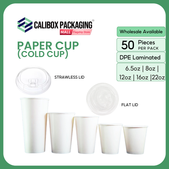 Calibox Packaging Disposable White Paper Cup Strawless Flat Lid 50pcs ...