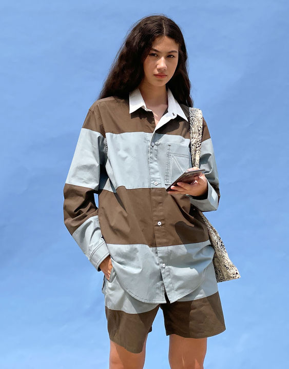 [MOO 5/21] Block Stripe Shirt - เสื้อเชิ้ตผู้ชาย แขนยาว ผ้าตัดต่อลายทาง ...